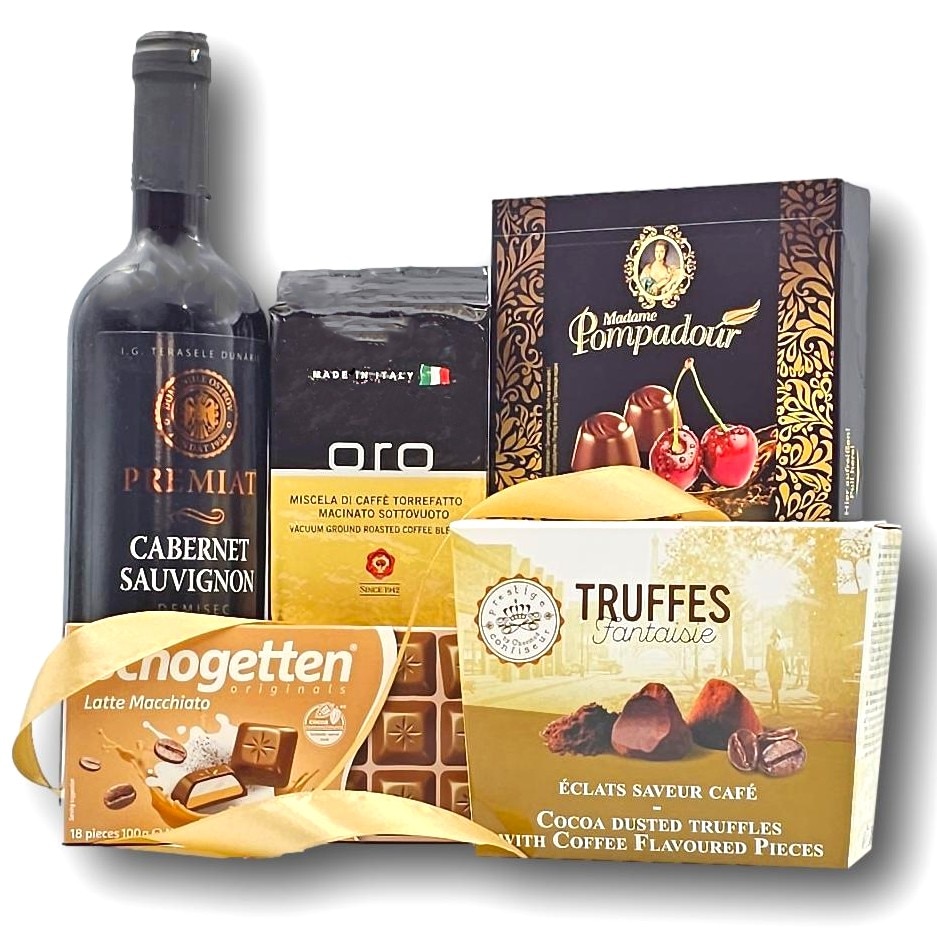 Pachet cadou asortat, CADOURI PREMIUM®, model Gold Classic, cu vin rosu ...