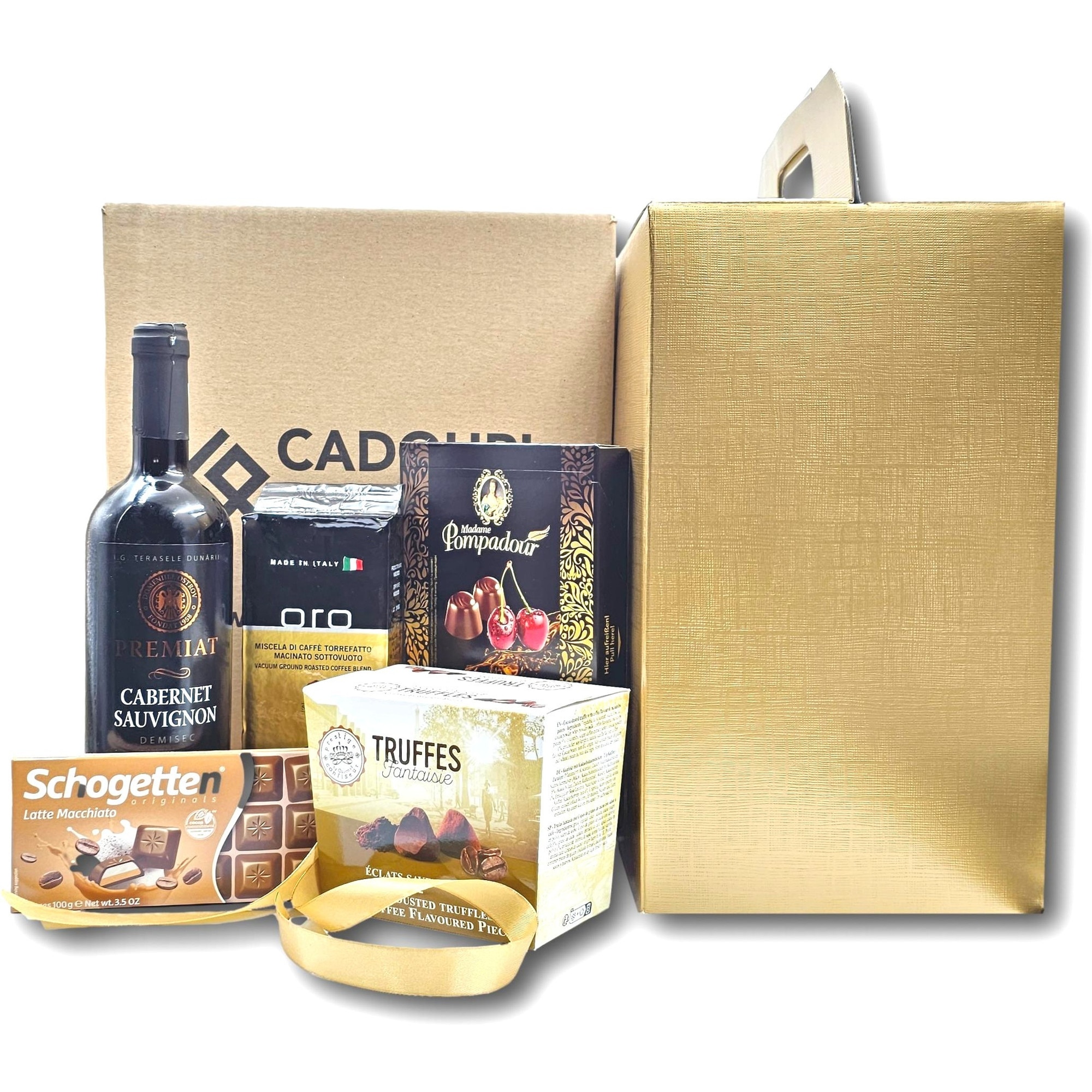 Pachet cadou asortat, CADOURI PREMIUM®, model Gold Classic, cu vin rosu ...