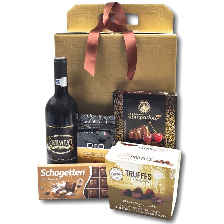 Pachet cadou asortat, CADOURI PREMIUM®, model Gold Classic, cu vin rosu ...