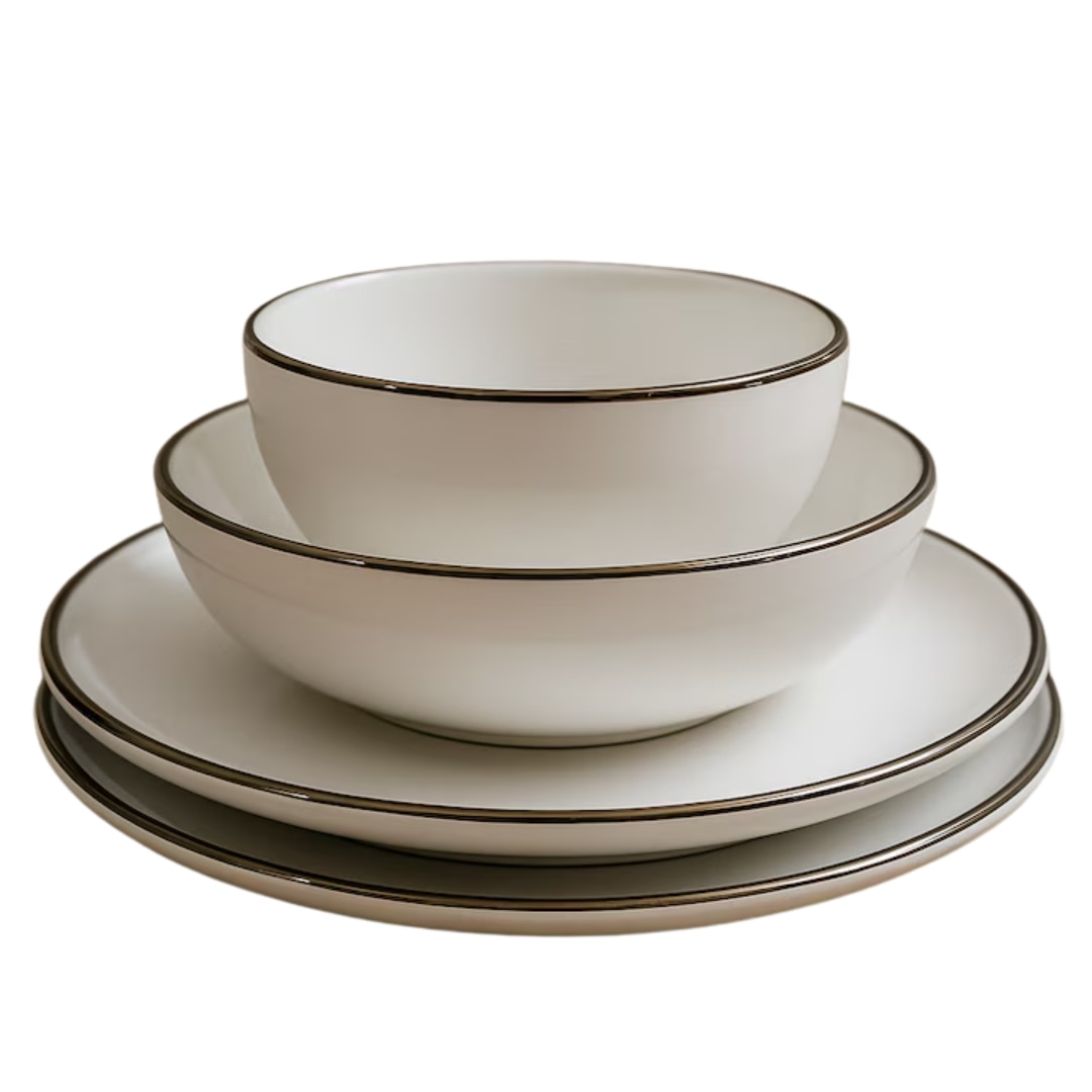 Set vesela ceramica 16 piese, Alb cu margine argintie, 26.5x20cm ...