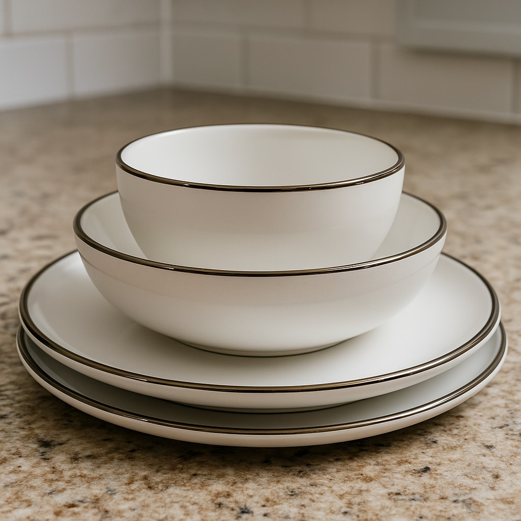 Set vesela ceramica 16 piese, Alb cu margine argintie, 26.5x20cm ...