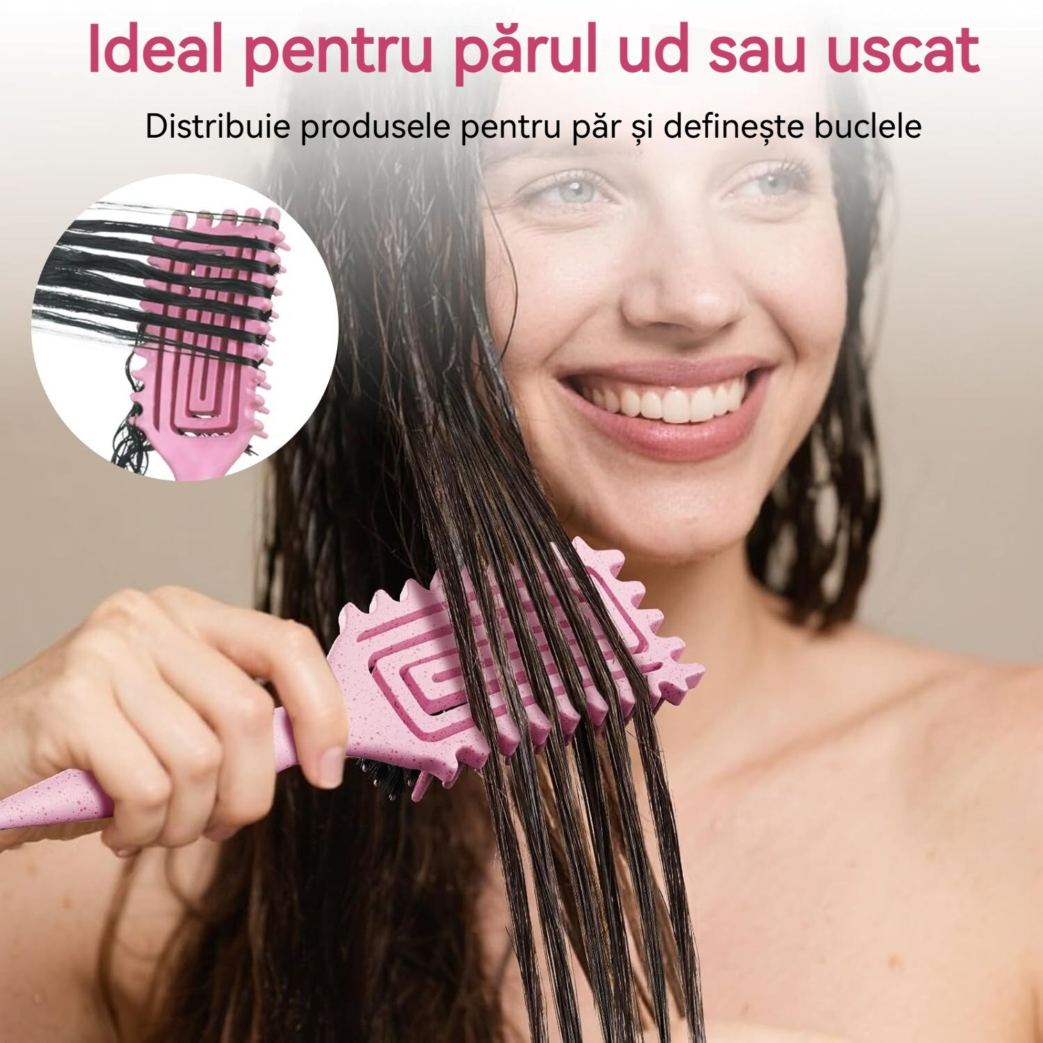 Perie pentru păr creț, FomoX, cu peri moi de mistreț, dinti latti, roz ...