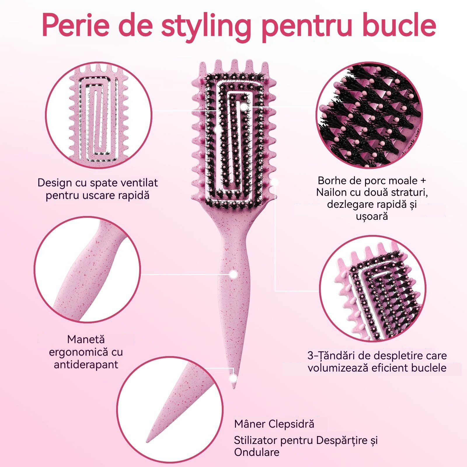 Perie pentru păr creț, FomoX, cu peri moi de mistreț, dinti latti, roz ...