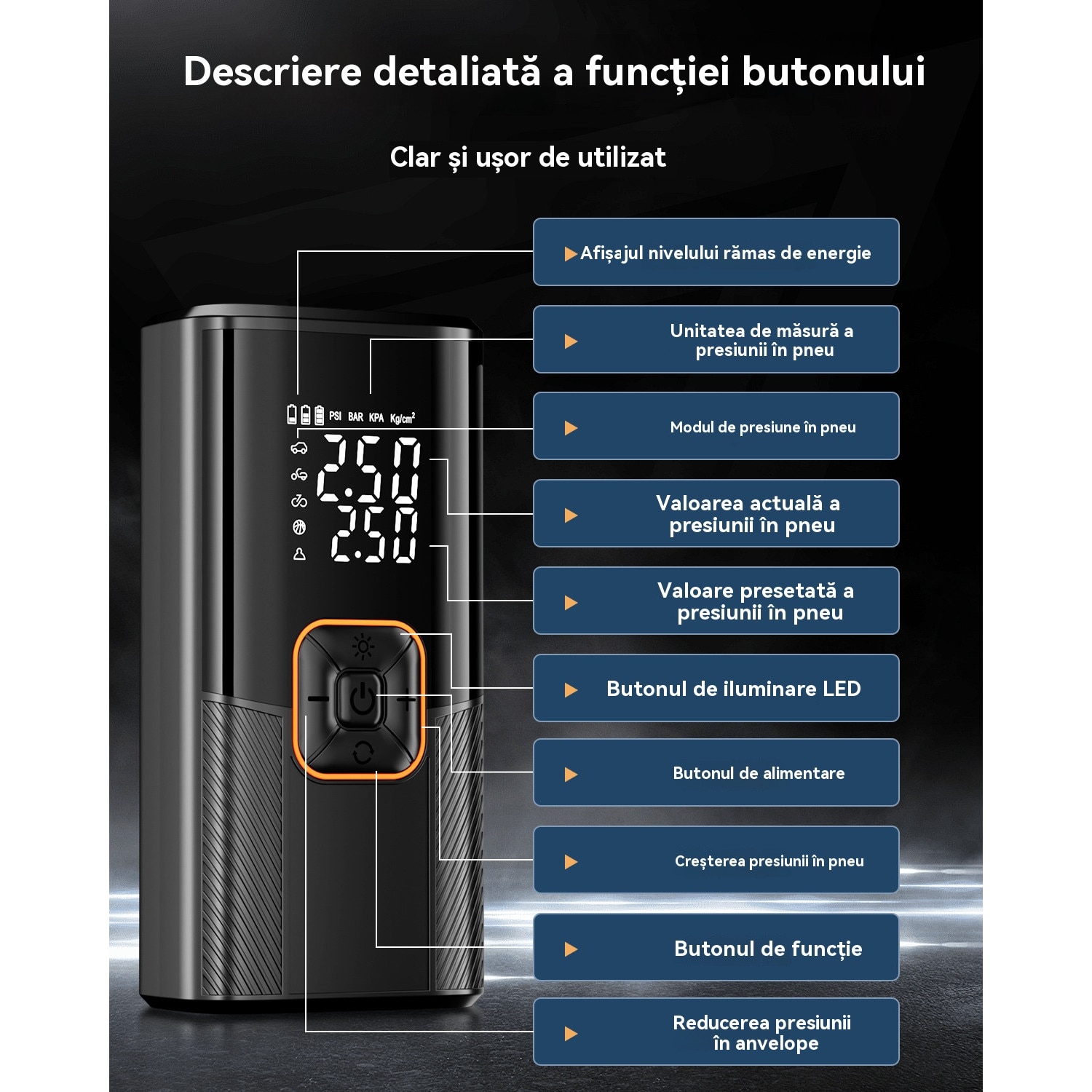 Pompa aer auto electrica portabila cu manometru digital LCD, OEMG ...