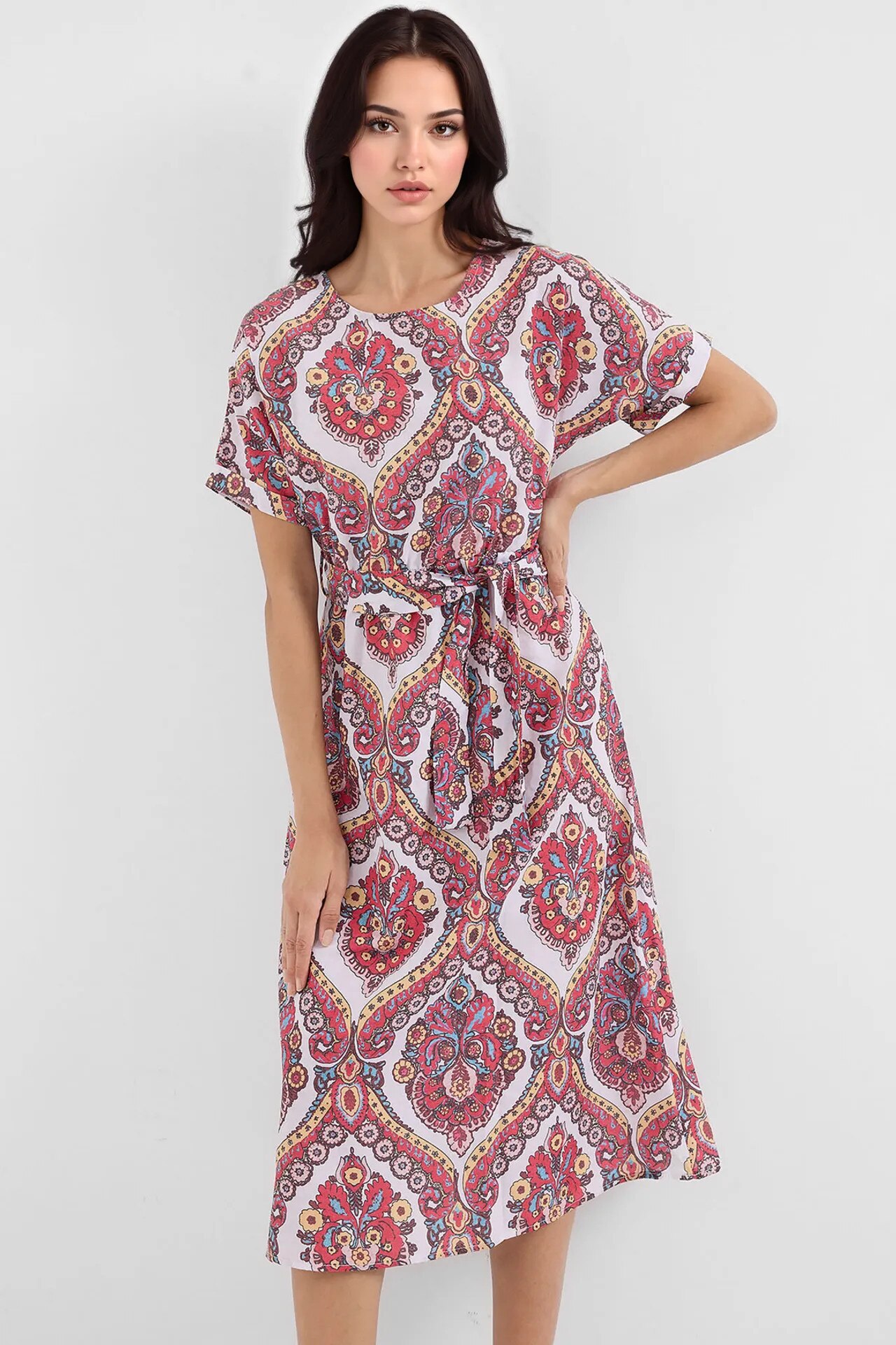 Rochie midi, BigDart, imprimeu, papion, viscoza/in, Rosu-cires, S - eMAG.ro