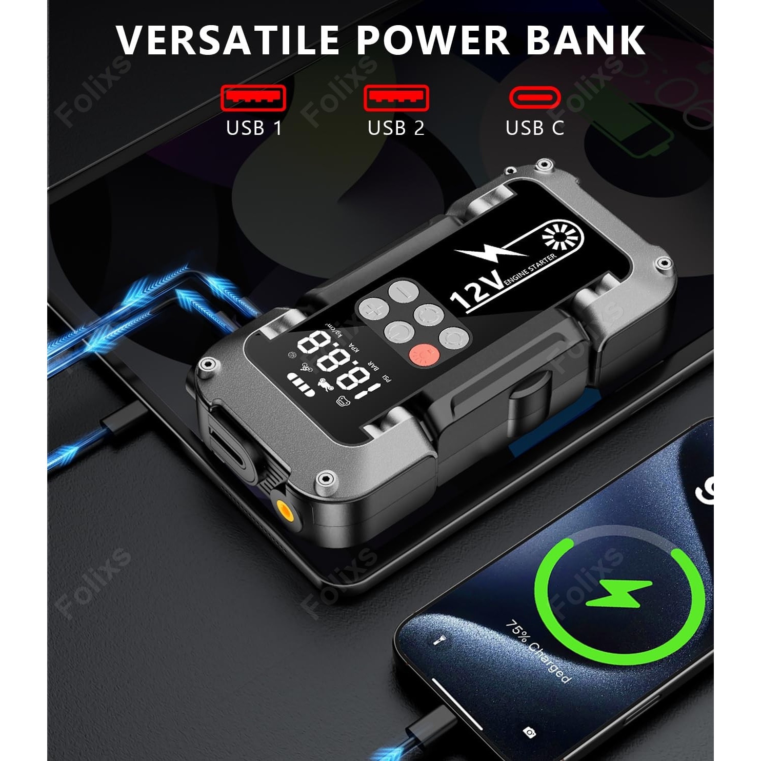 Starter Auto Multifunctional 4 in 1，Compresor Portabil，Folixs®，26000mAh ...