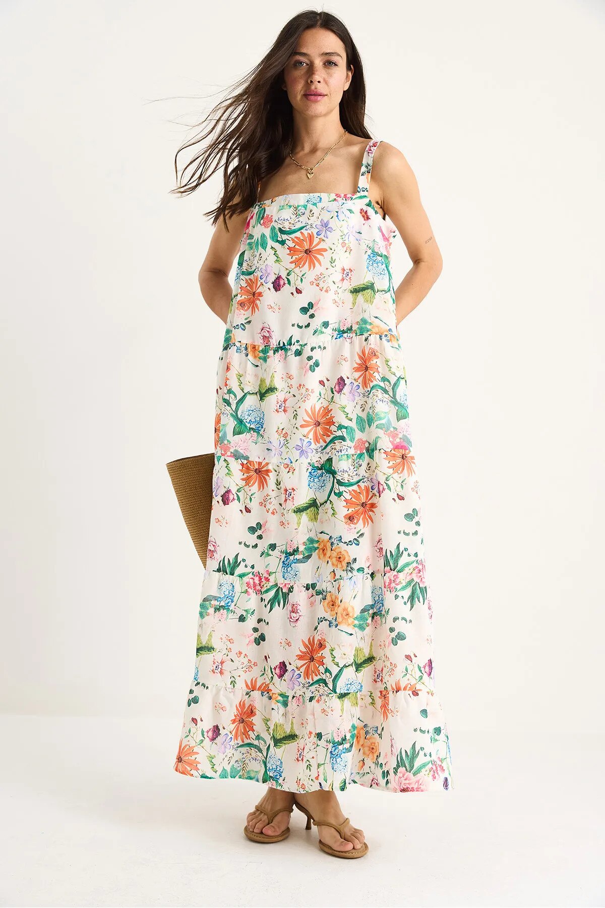 Rochie maxi, Bianco Lucci, guler patrat, flori, multicolor, poliester ...