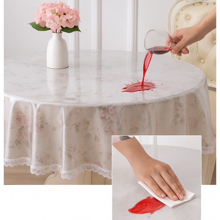 Husa Fata de Masa Rotunda – Musama Transparenta Impermeabila cu Dantela ...