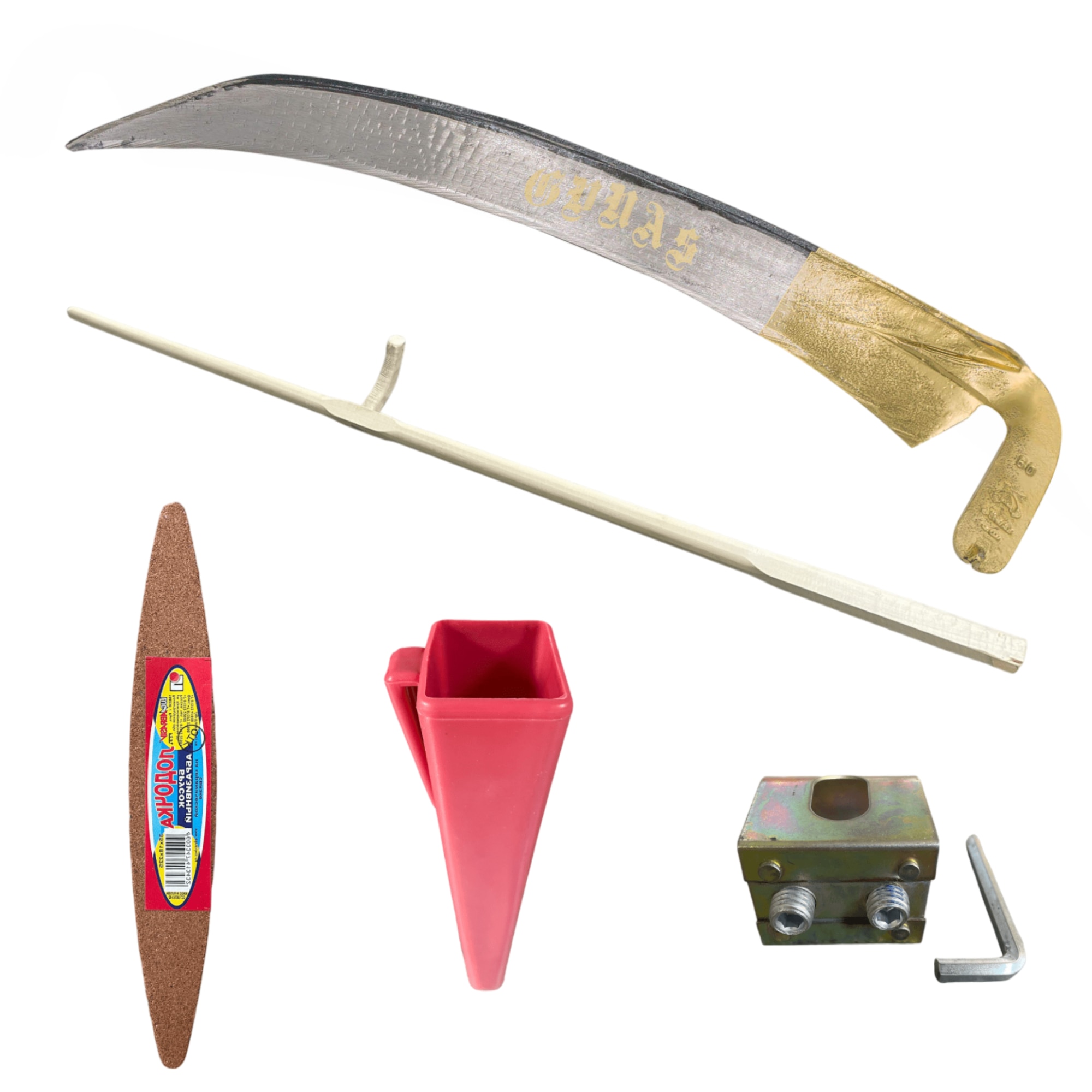 Set coasă manuală, 70 cm lamă, 190 cm coadă lemn, inel fixare, piatră ...
