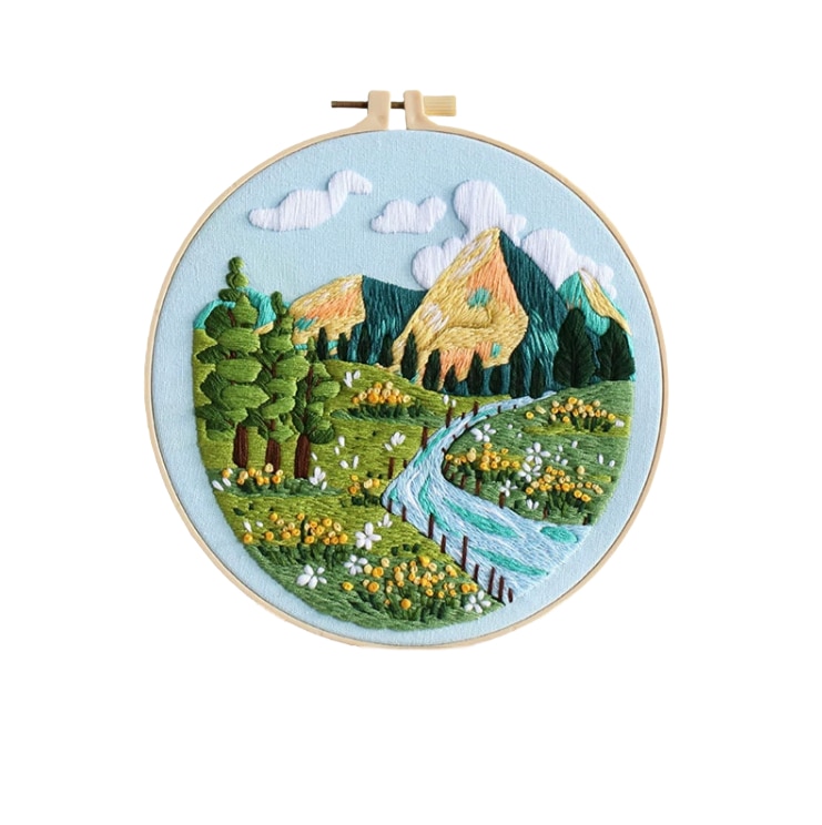 Kit de broderie peisaje, Scenic Escape, 20cm, bumbac, 3 ace de brodat ...