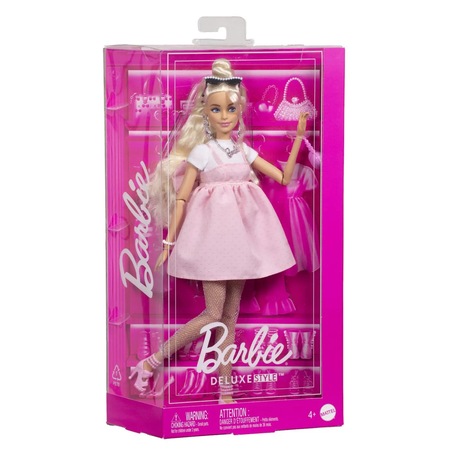 Papusa in rochie roz cu fundita, Barbie, Deluxe Style - eMAG.ro