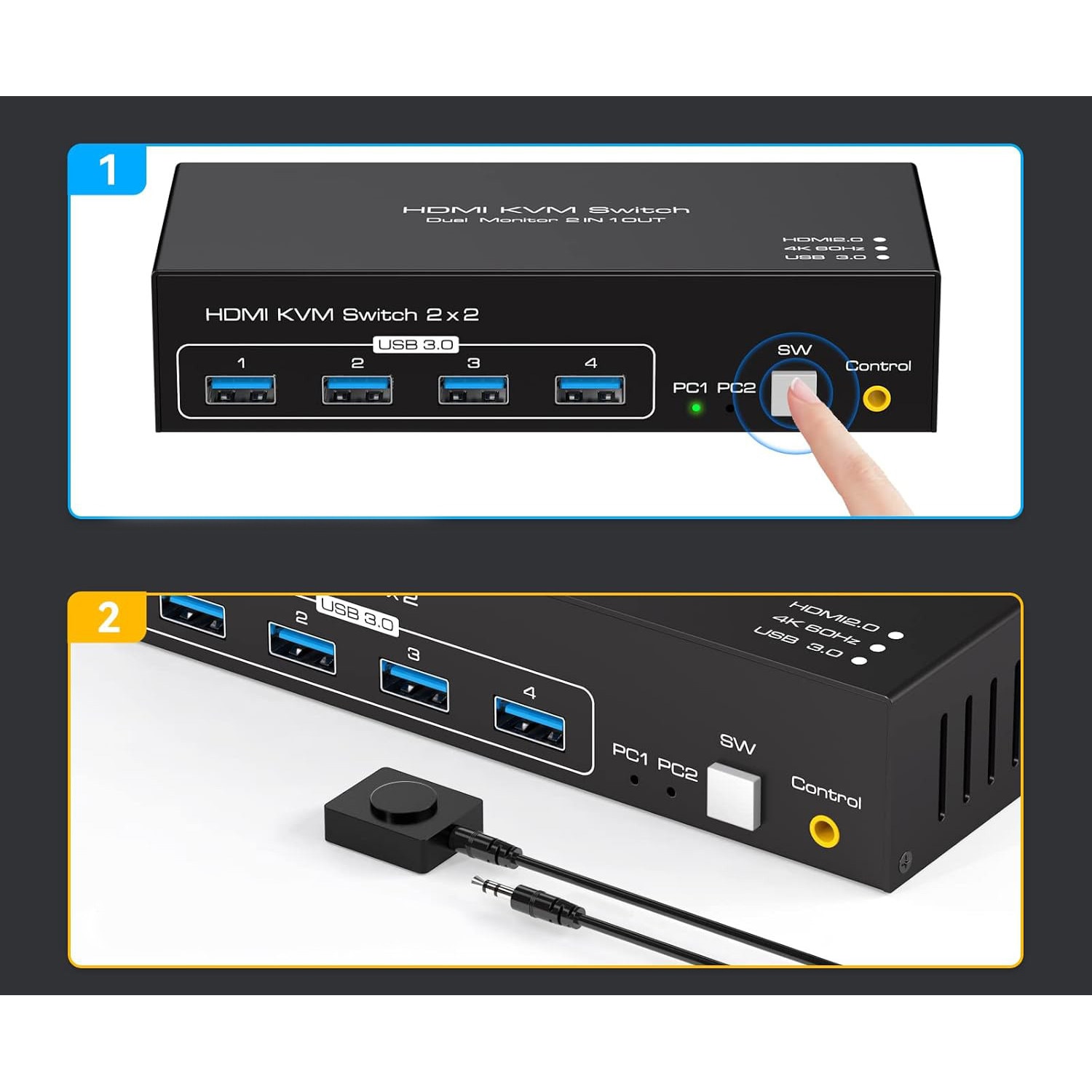 Switch KVM HDMI 2 PC 2 monitoare 4K 60Hz, 4 porturi USB 3.0 - eMAG.ro