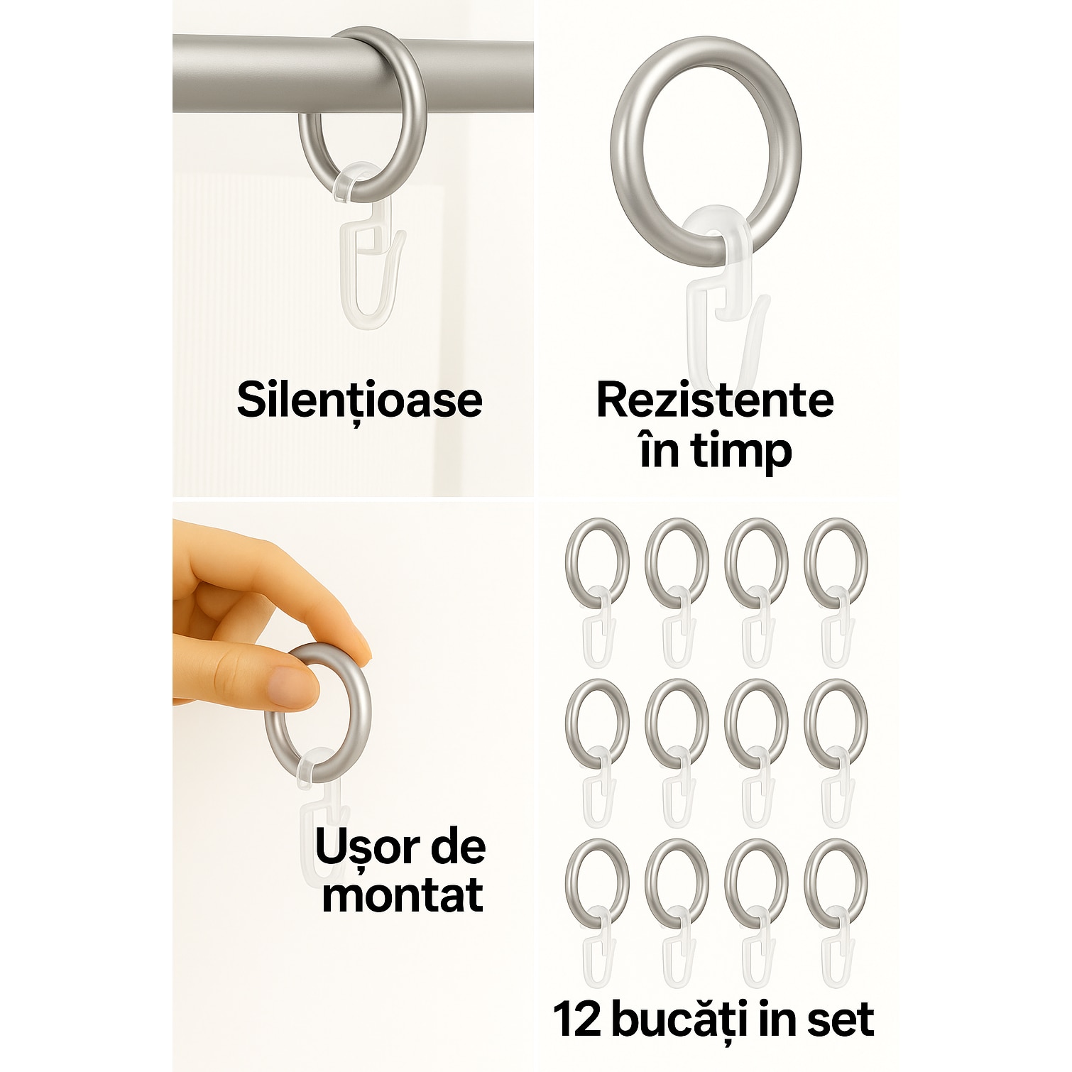 Set 12 Inele Metalice Argintii cu Insertie PVC si Carlige din Plastic ...