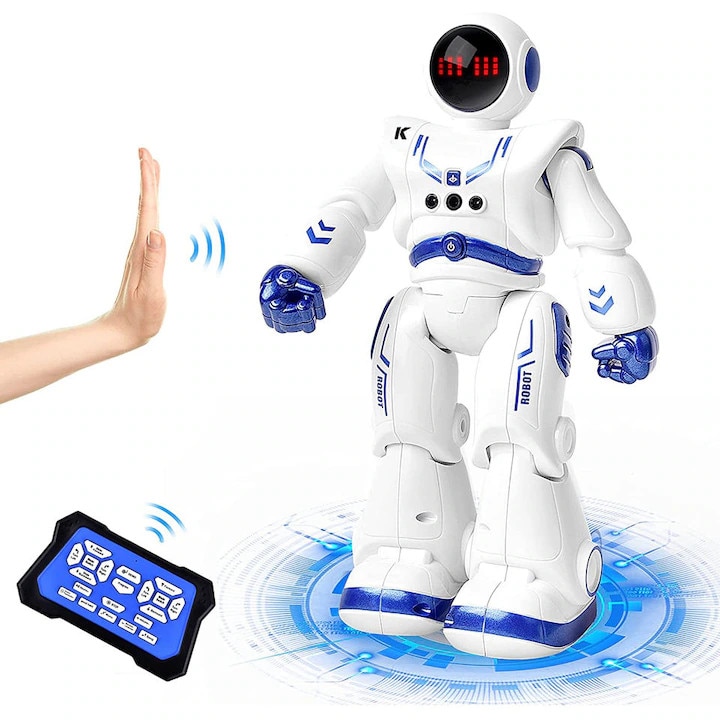 Astronauta robot cu telecomanda, 50 de actiuni, alb si albastru, 27x8 ...