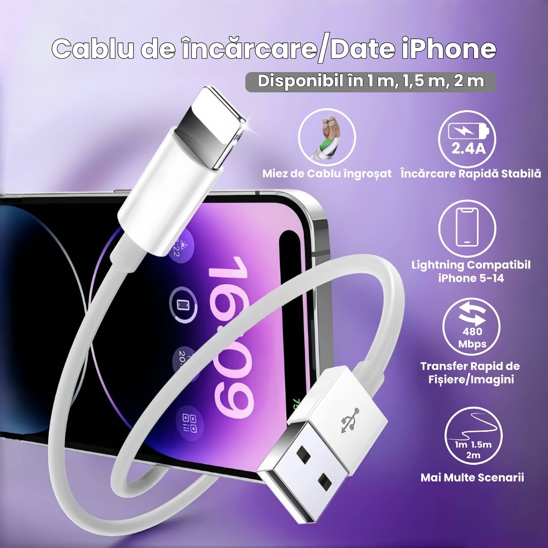 Cablu Incarcare Rapida USB-A la Lightning, Compatibil iPhone/iOS, 2.4A ...