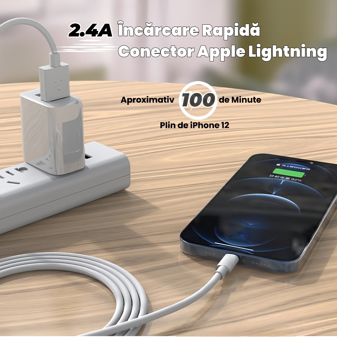 Cablu Incarcare Rapida USB-A la Lightning, Compatibil iPhone/iOS, 2.4A ...