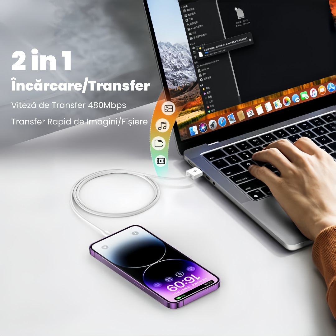 Cablu Incarcare Rapida USB-A la Lightning, Compatibil iPhone/iOS, 2.4A ...