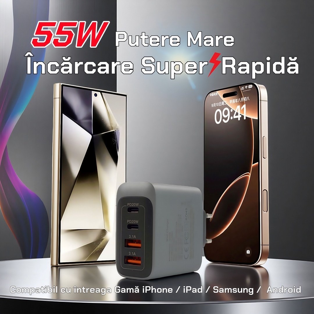 4 az 1-ben gyors telefontöltő, 55W, 2 USB-C, PD20W, 2 USB-A, 3.1A, PD3 ...