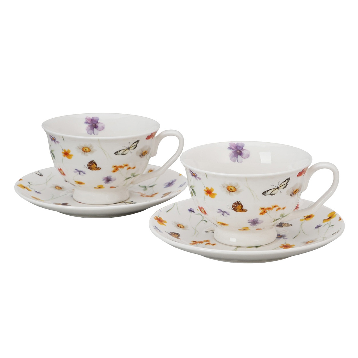 Set Cesti Cafea DUO, Portelan Alb, 250 ml, 2 Bucati Cu Farfurii, Floral ...