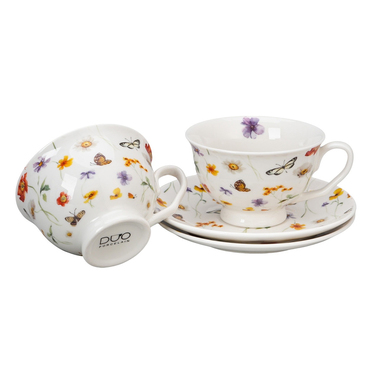 Set Cesti Cafea DUO, Portelan Alb, 250 ml, 2 Bucati Cu Farfurii, Floral ...