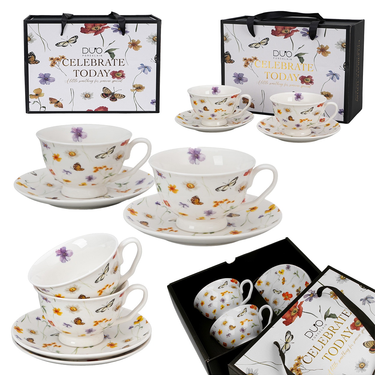 Set Cesti Cafea DUO, Portelan Alb, 250 ml, 2 Bucati Cu Farfurii, Floral ...