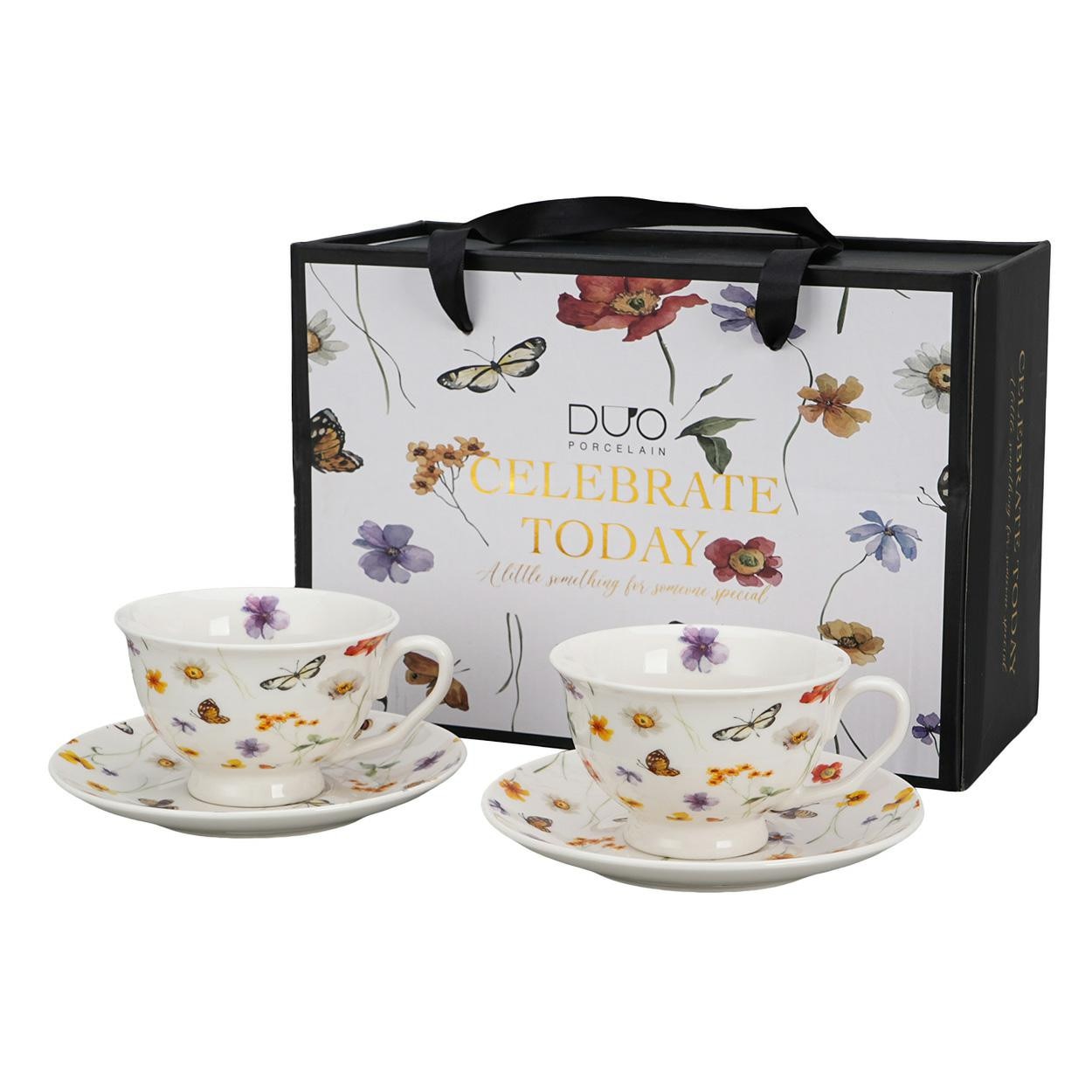Set Cesti Cafea DUO, Portelan Alb, 250 ml, 2 Bucati Cu Farfurii, Floral ...