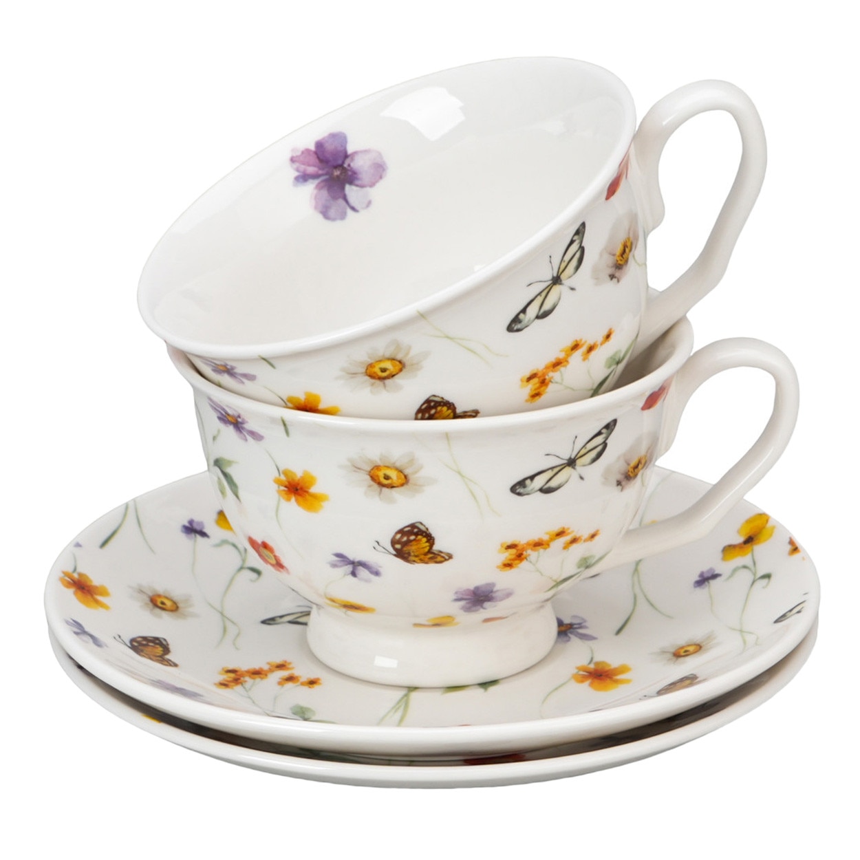 Set Cesti Cafea DUO, Portelan Alb, 250 ml, 2 Bucati Cu Farfurii, Floral ...