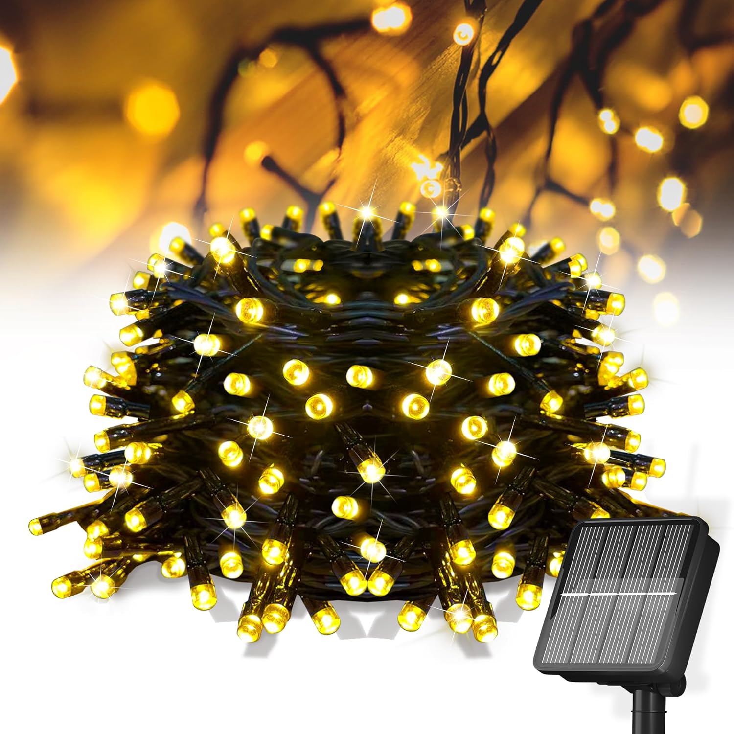 Lumini solare de Crăciun, Feicaeesa, 12m, 100 LED, alb cald, 8 moduri ...