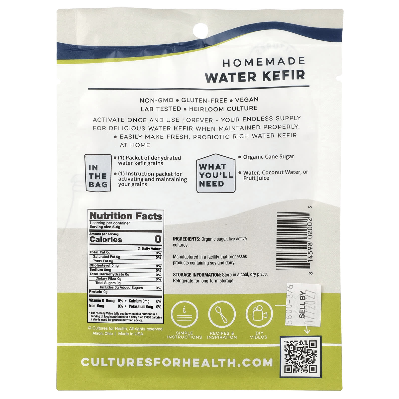 Supliment alimentar Chefir de apa, 1 pachet, 5.4 g, Cultures for Health ...