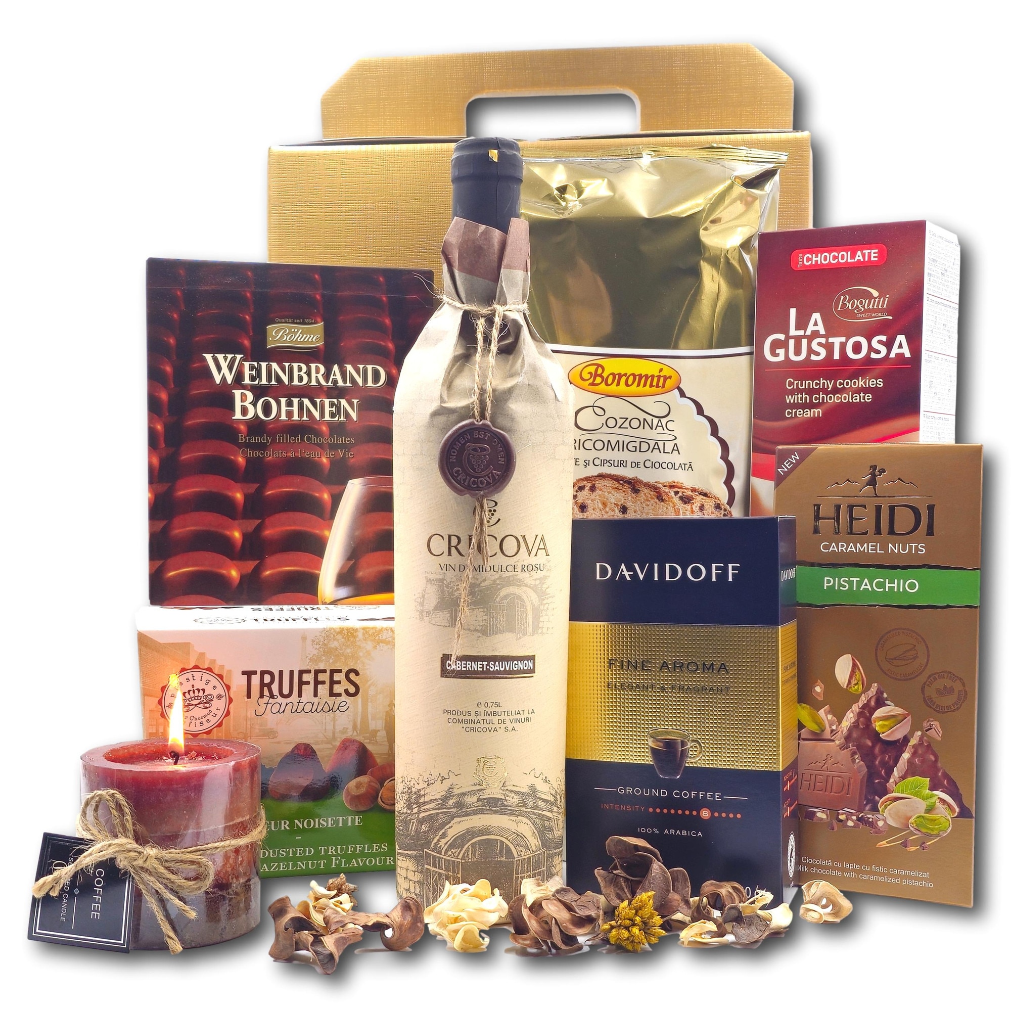 Pachet cadou asortat, CADOURI PREMIUM®, model Feelings, cu vin rosu de ...