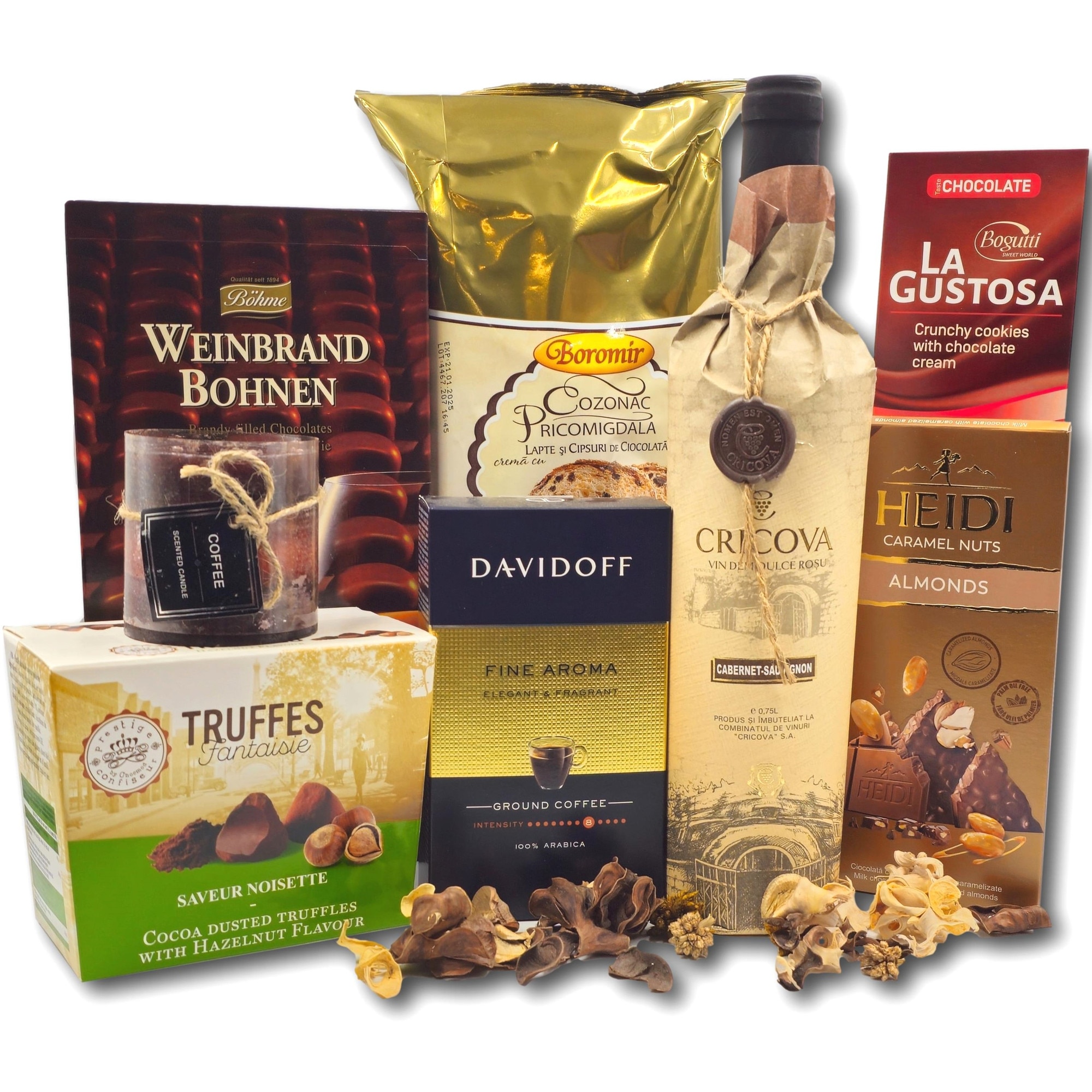 Pachet cadou asortat, CADOURI PREMIUM®, model Feelings, cu vin rosu de ...