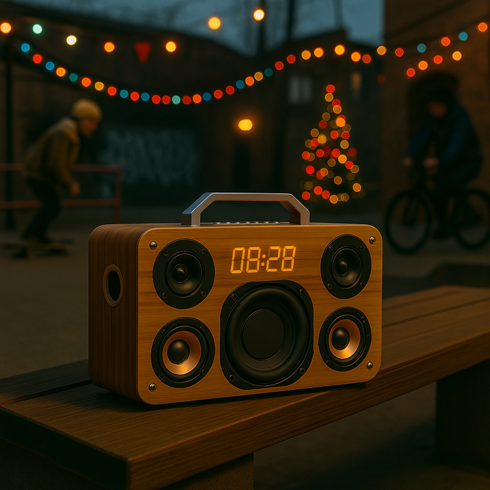 Boxa Bluetooth Retro 40W din Lemn Natural, cu 2 Microfoane, Ceas si ...