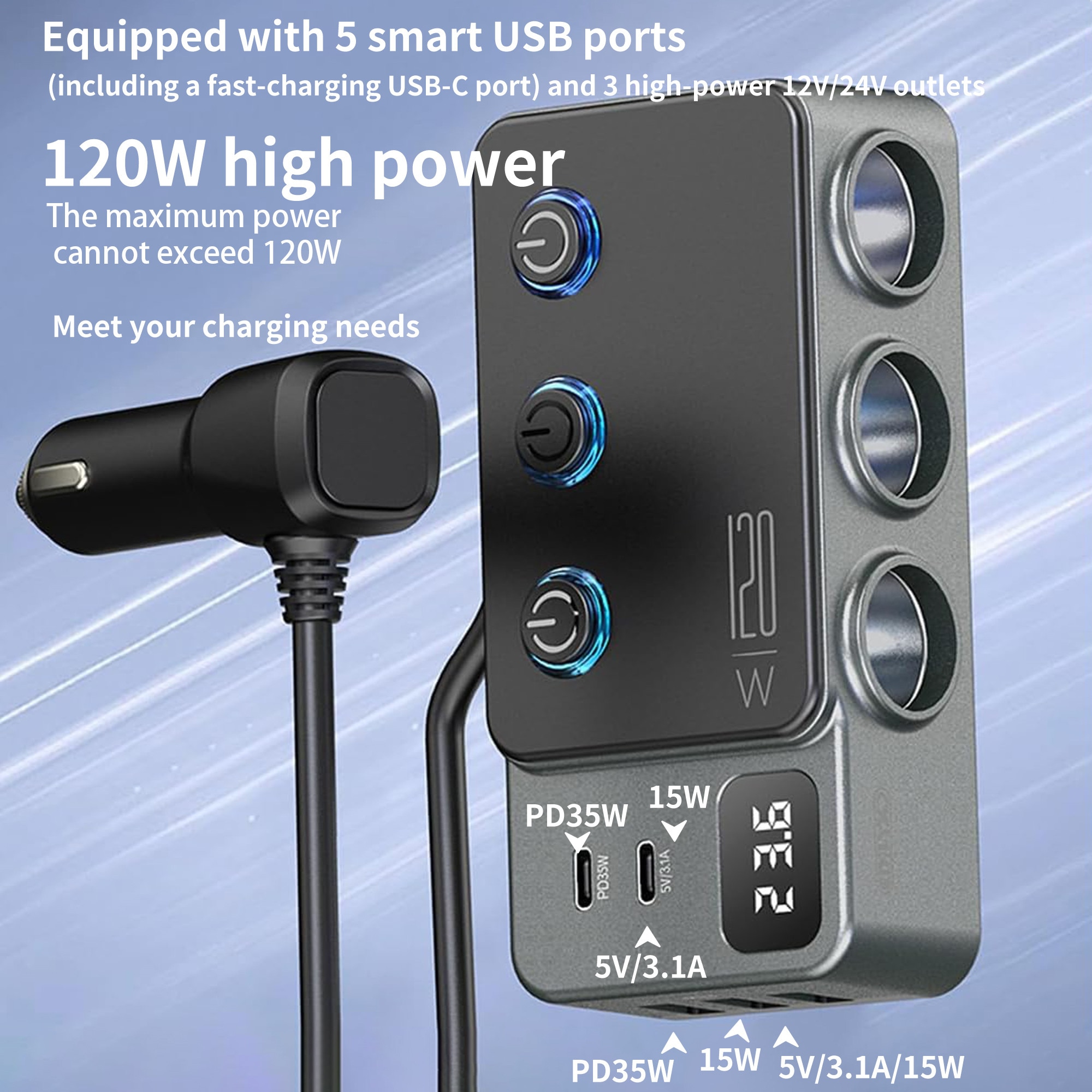 Adaptor Priza Auto, BYONDSELF®, 120W, PD 35W, Incarcator 8 in 1, 3 ...