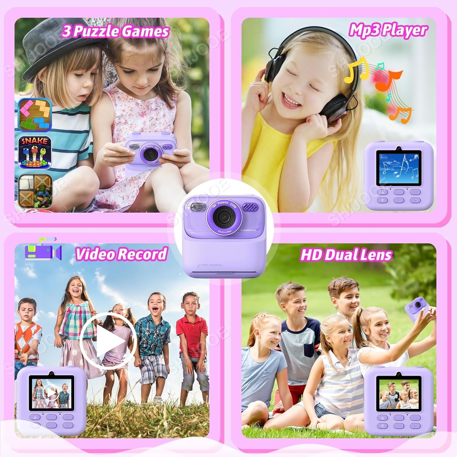 Aparat foto instant pentru copii，SHIJOOE®，Zoom 16x，Inregistrare 1080P ...