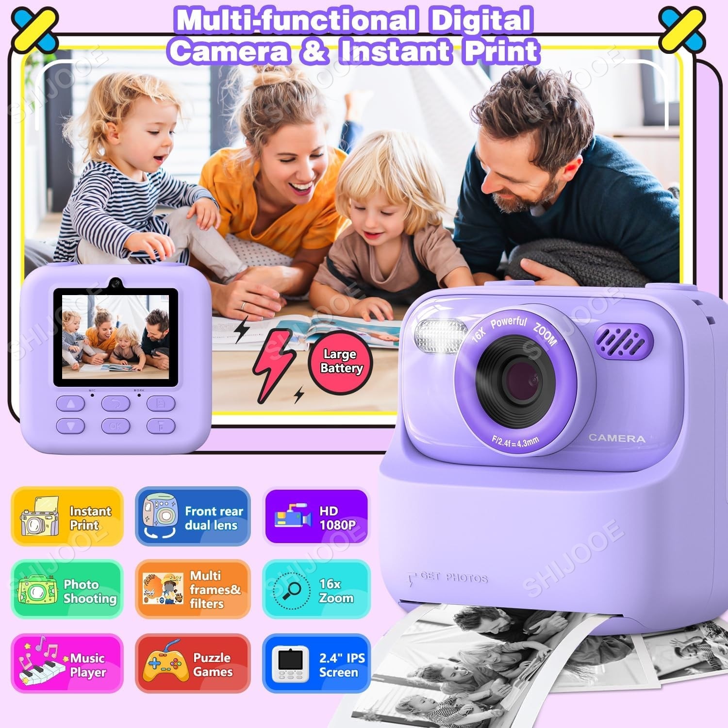 Aparat foto instant pentru copii，SHIJOOE®，Zoom 16x，Inregistrare 1080P ...
