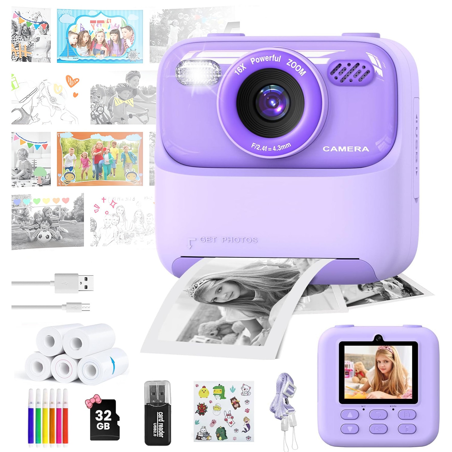 Aparat foto instant pentru copii，SHIJOOE®，Zoom 16x，Inregistrare 1080P ...