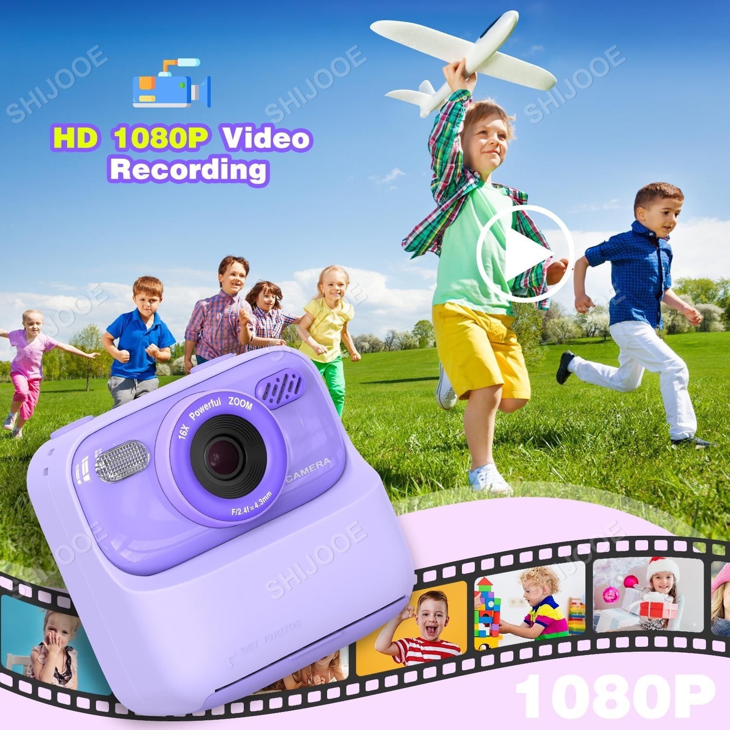 Aparat foto instant pentru copii，SHIJOOE®，Zoom 16x，Inregistrare 1080P ...