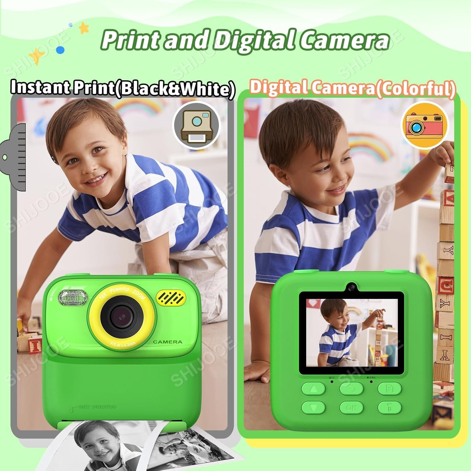 Aparat foto instant pentru copii，SHIJOOE®，Zoom 16x，Inregistrare 1080P ...
