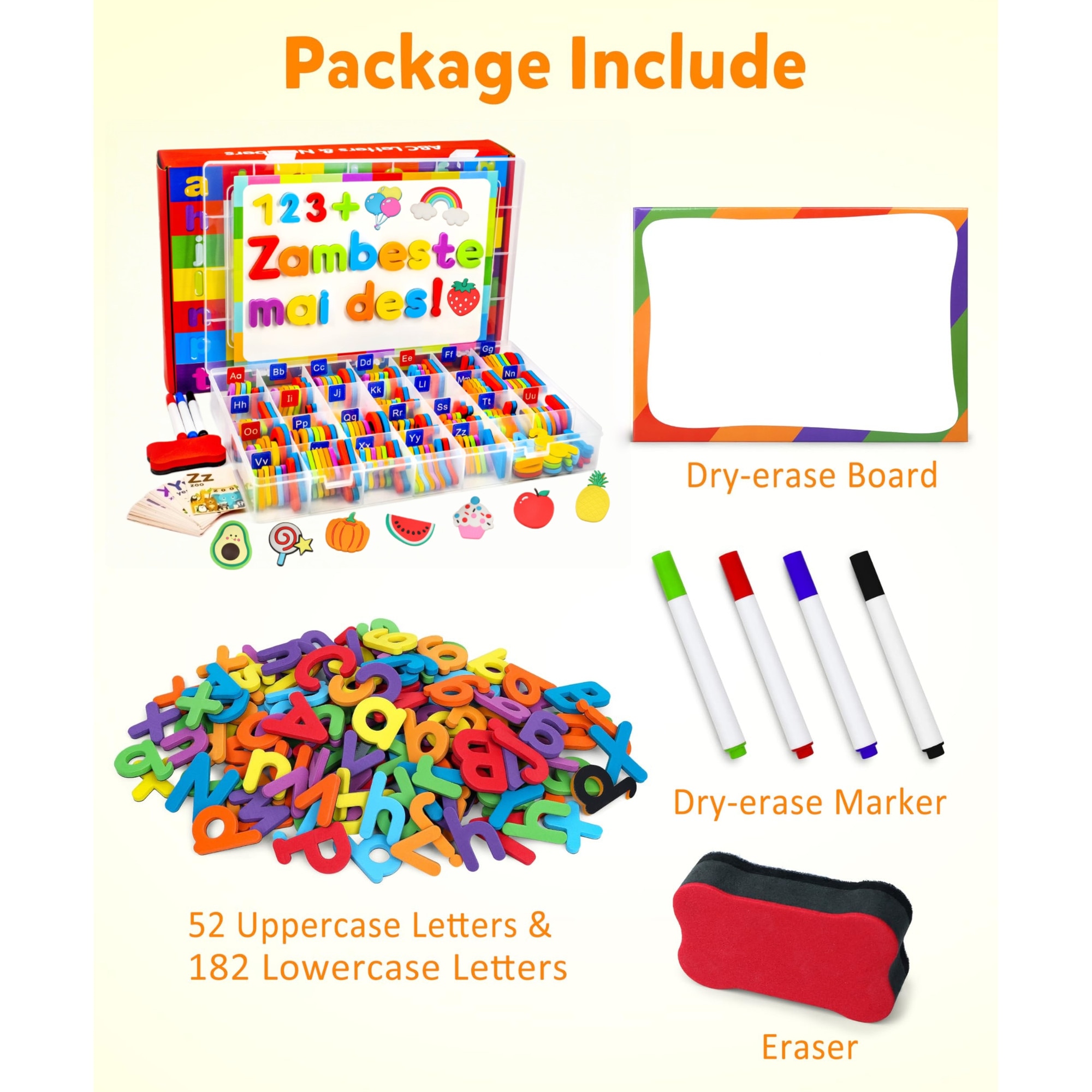 Set de litere magnetice 258 piese, alfabet colorat din spuma cu ...