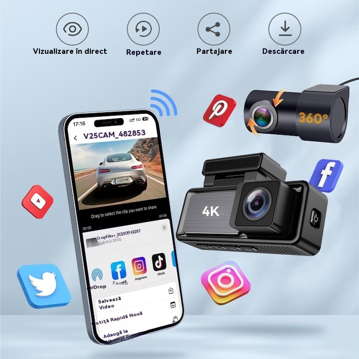Dascalu Auto Profesional Full HD, Dual 4K+1080P, WiFi, GPS, Vedere ...