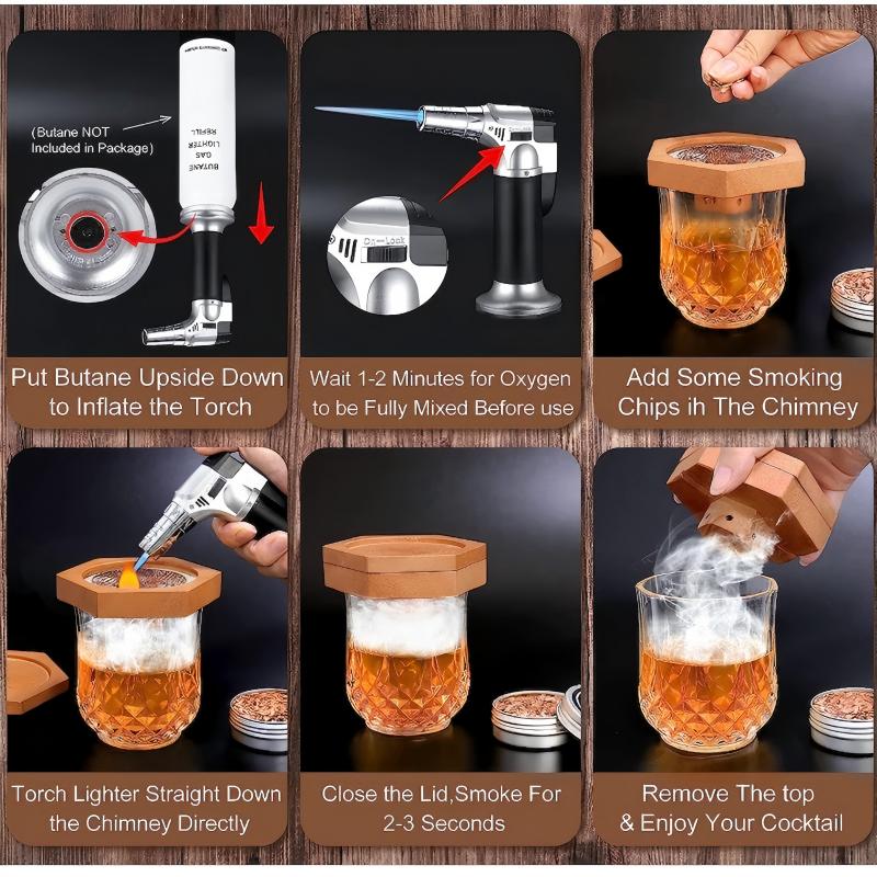 Set fumator cocktail cu torta si foc, 4 condimente aromate, gheata din ...