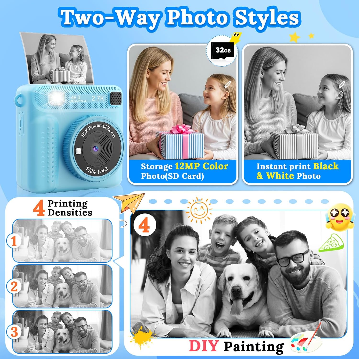 Aparat Foto Instant Copii, SHIJOOE®, cu Functie de Printare Instant，HD ...