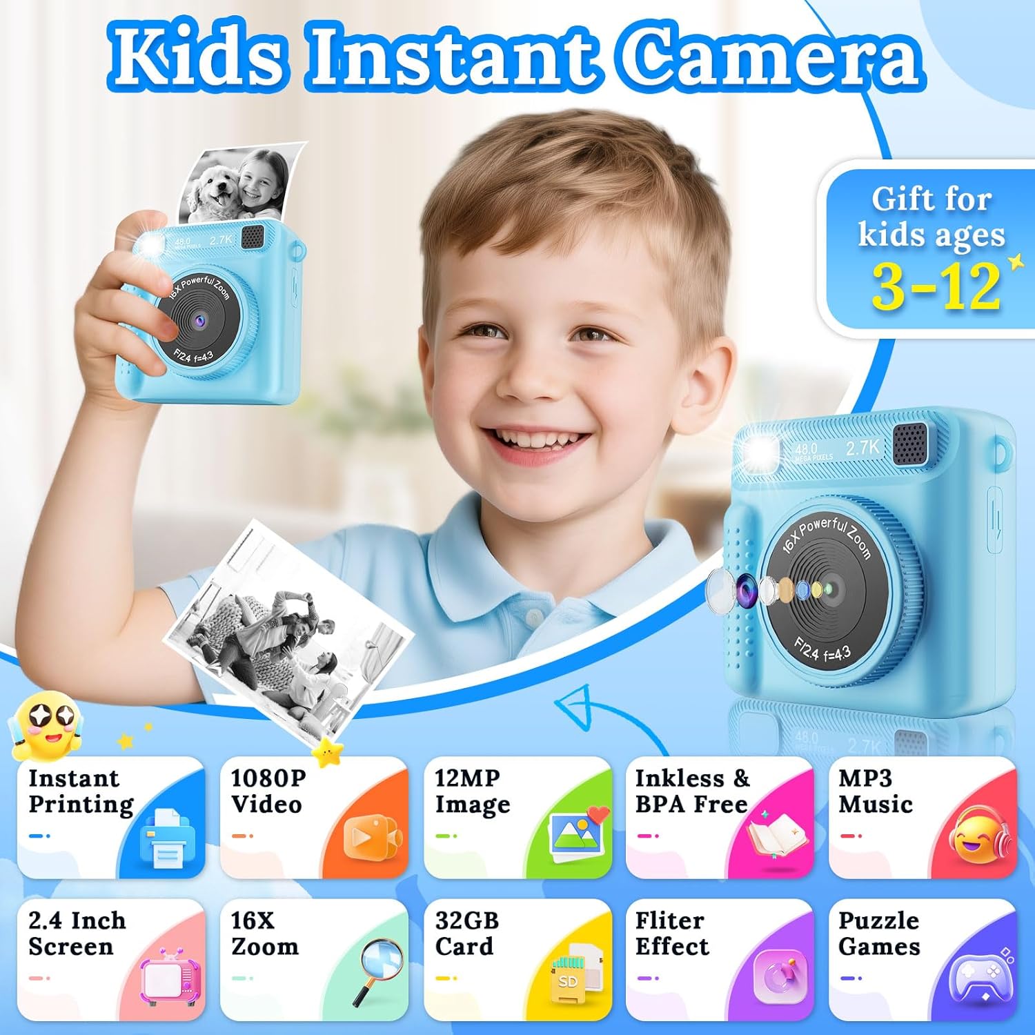 Aparat Foto Instant Copii, SHIJOOE®, cu Functie de Printare Instant，HD ...