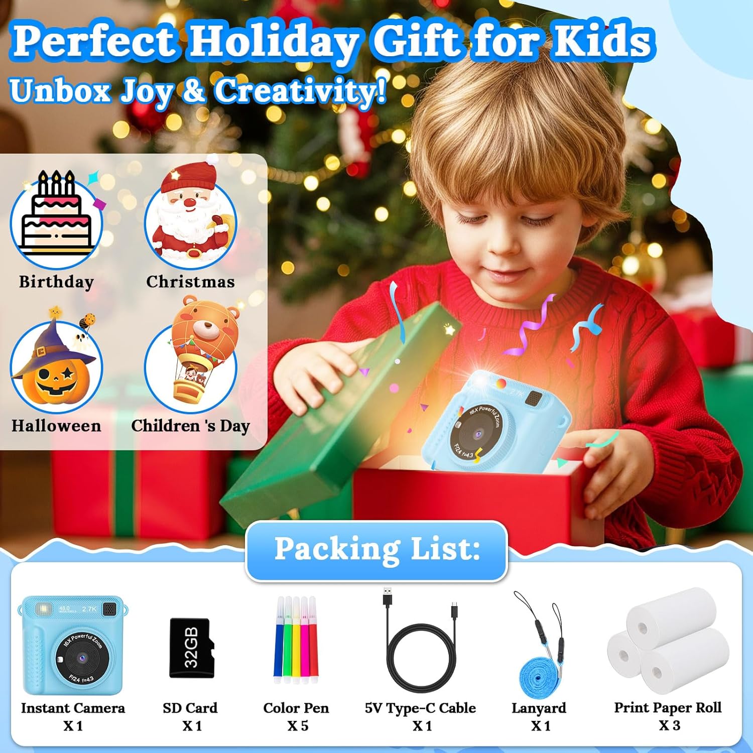 Aparat Foto Instant Copii, SHIJOOE®, cu Functie de Printare Instant，HD ...