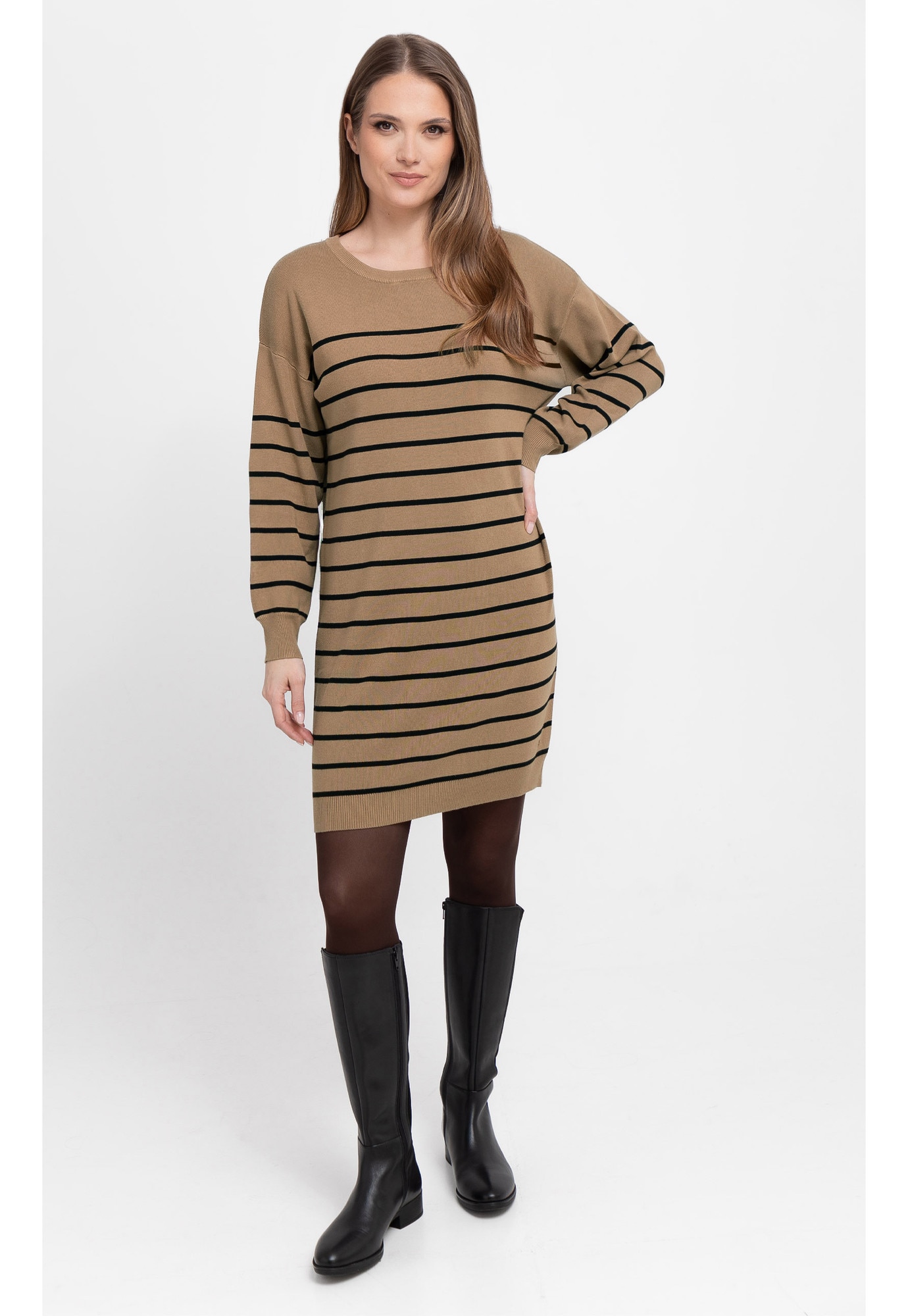 Rochie cu dungi Volcano G-Senti, tricot, maro, maneca lunga, M - eMAG.ro