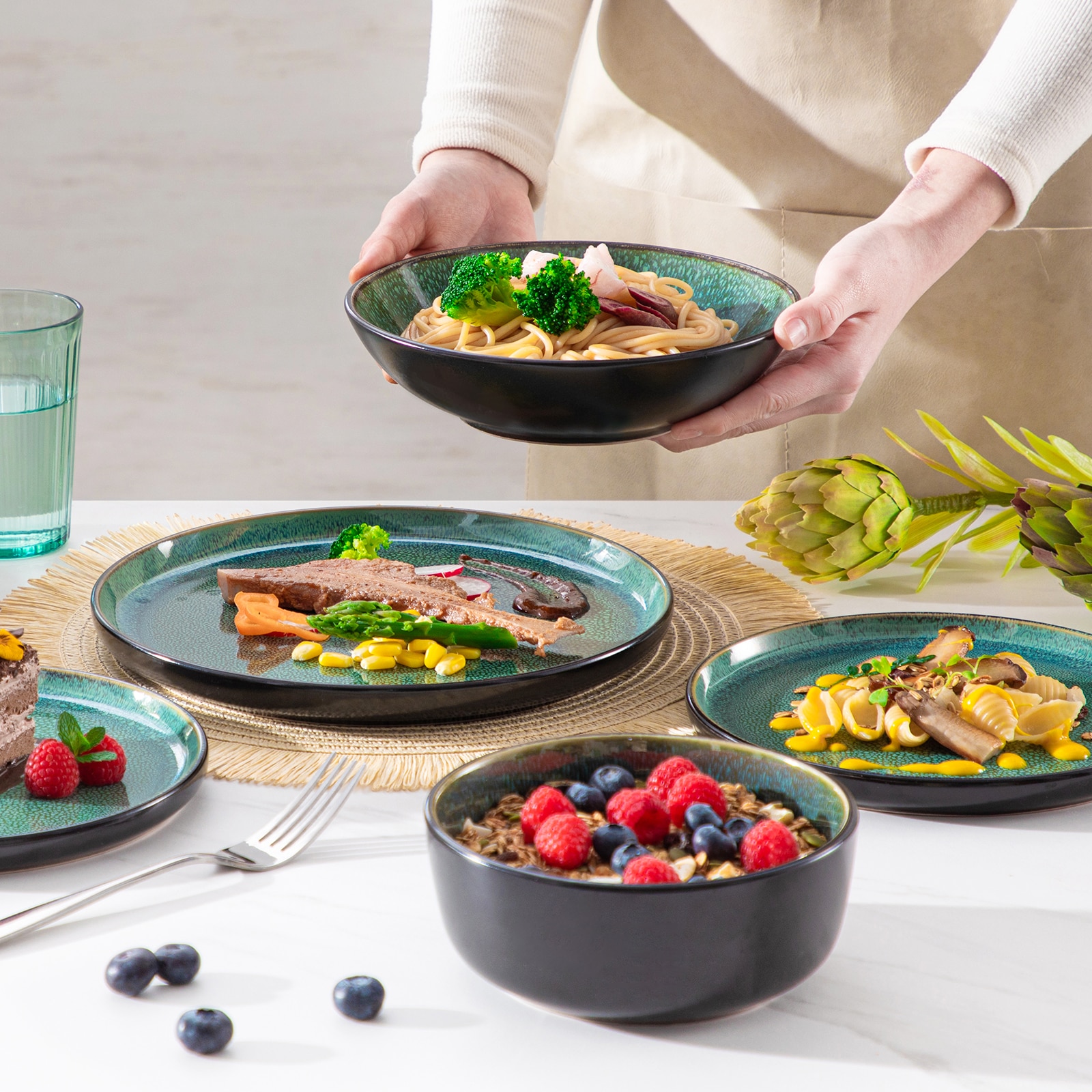 Set vesela ceramica Vancasso 24 piese verde/negru, 6 persoane ...