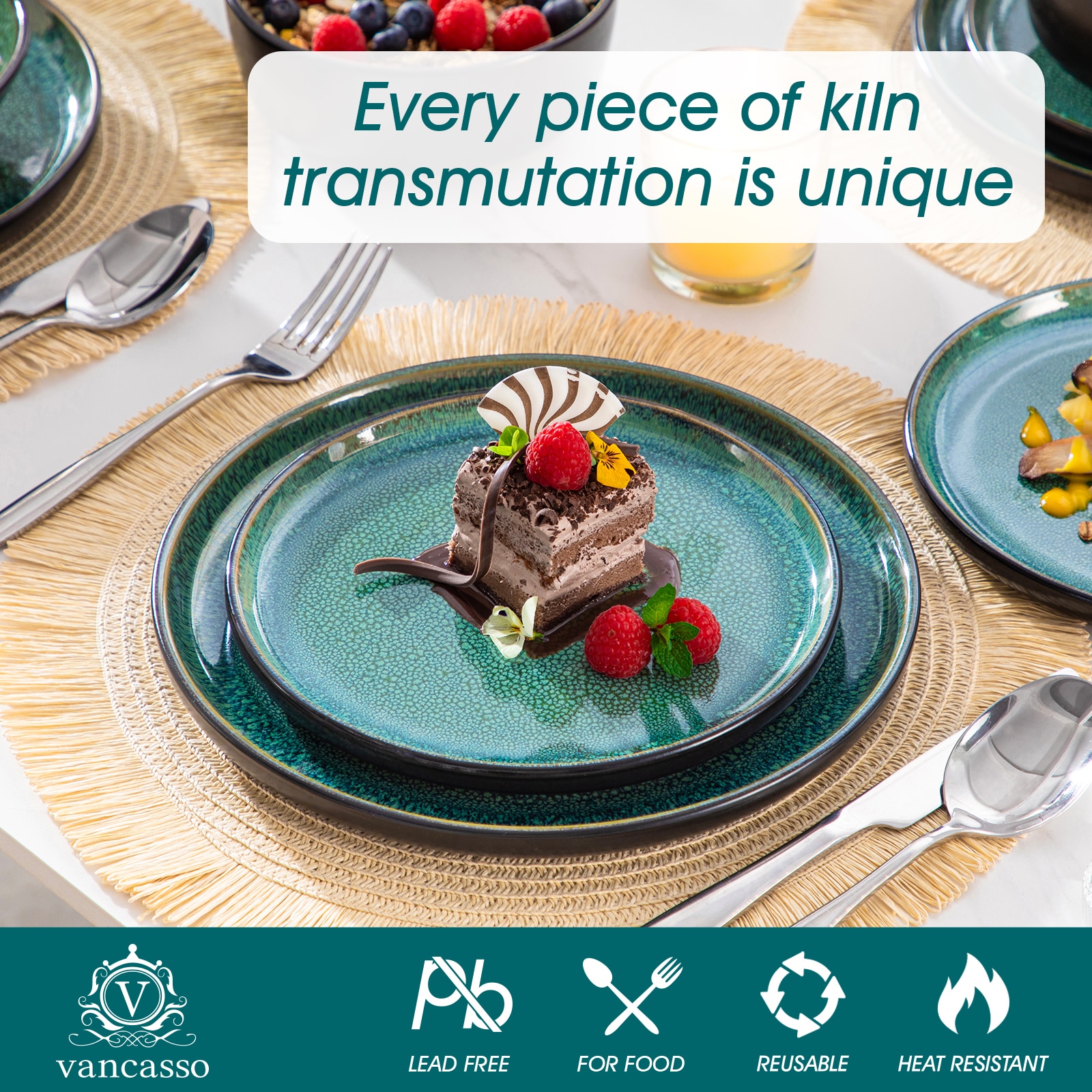 Set vesela ceramica Vancasso 24 piese verde/negru, 6 persoane ...