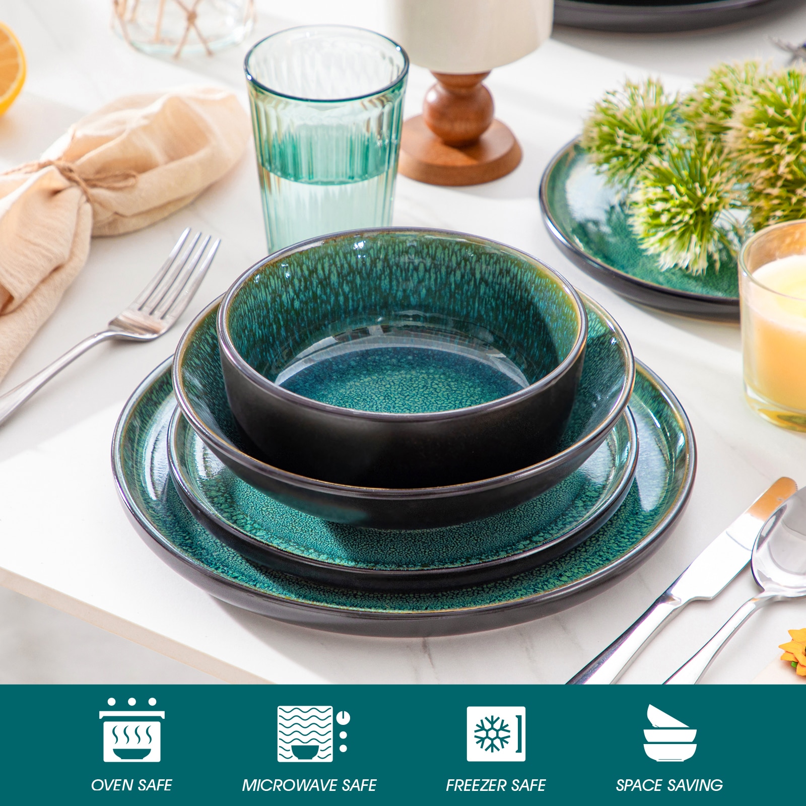 Set vesela ceramica Vancasso 24 piese verde/negru, 6 persoane ...