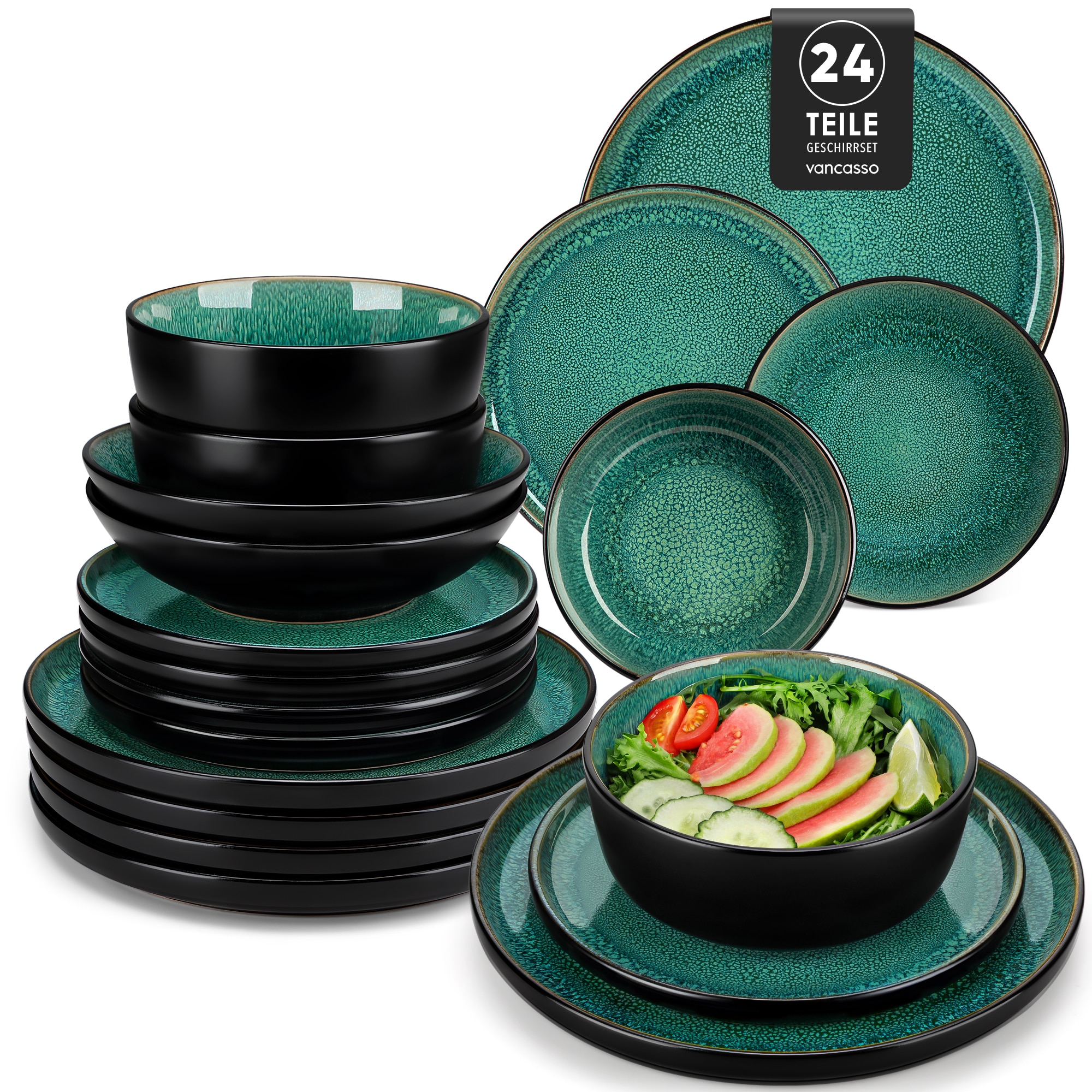 Set vesela ceramica Vancasso 24 piese verde/negru, 6 persoane ...