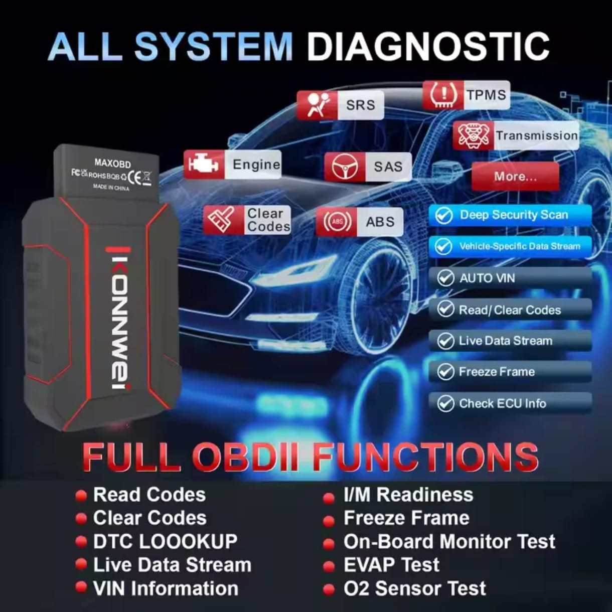 Tester Diagnoza Profesional KONNWEI MAXOBD Bluetooth 5.0 - Full System ...
